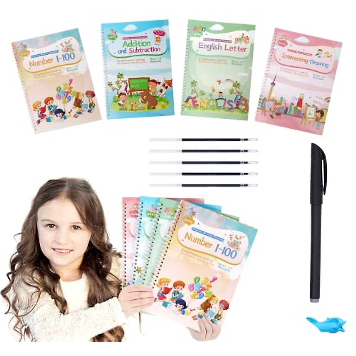 Magical Handwriting Workbooks Practice Copybook, Magic Calligraphy That Can Be Reused Handwriting Copybook Tracing Book (4books+Pens
