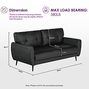 TYBOATLE Sofa Couch 61" Small Loveseat Couches for Living Room Leather Couch Mid Century Modern Tufted Mini Sofa Comfy Office 2 Seat Settee Love Seat Small Couches for Small Spaces Bedroom (1, Black)