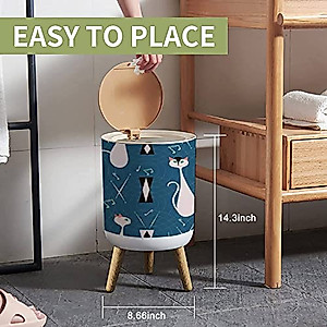 IBPNKFAZ89 Small Trash Can with Lid Beatnik 1950s Musical Cats Seamless in Dark Blue Pink Black and Green Garbage Bin Wood Waste Bin Press Cover Round Wastebasket for Bathroom Bedroom Office Kitchen