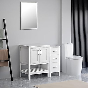 eclife 36" Bathroom Vanities Sink Combo with Side Cabinet, Modern MDF White Cabinet with Open Shelf, Mirror (Vanity Only)