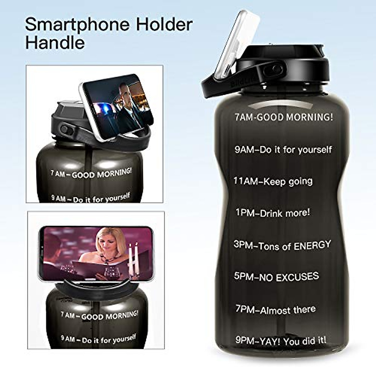 QuiFit Motivational Gallon Water Bottle - with Straw & Time Marker BPA Free 128/64 oz Large Water Jug Leak-Proof Durable for Fitness Outdoor Enthusiasts(Black, 64 oz)