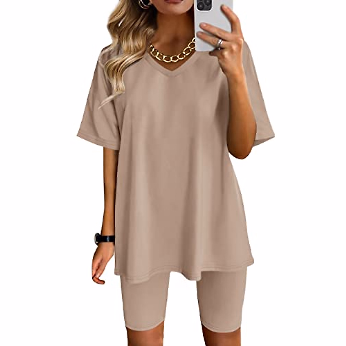 AGSEEM 2 Piece Summer Outfits For Women Shorts Sleeve V Ncek Summer Clothes Khaki XL