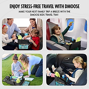 DMoose Kids Travel Tray, Toddler Car Seat Lap Activity Tray with Padded Comfort Base, Side Walls, Mesh Snack Pockets, Tablet Holder, Waterproof Car Seat, Stroller, Airplane Play and Learn Area (Black)