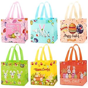 MAMUNU 6PCS Easter Bags with Handles, Non-Woven Reusable Gift Bags for Easter Egg Hunt Gift Wrapping, Easter Bunny Tote Bags Bulk for Easter Party Supplies, 8.3×7.9×6 inches