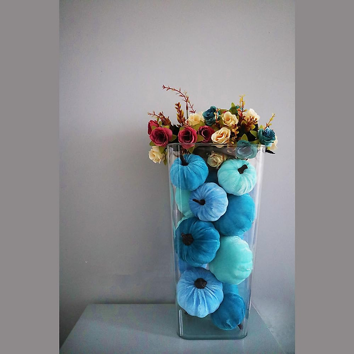 UAUOCU 16 Pumpkin Decor for Home Fall Decoration, Velvet Foam Pumkins for Halloween Baby Shower Wedding Decorating Artificial Craft Farmhouse Kitchen Table Room Bedroom Office Blue Plastic Decorative