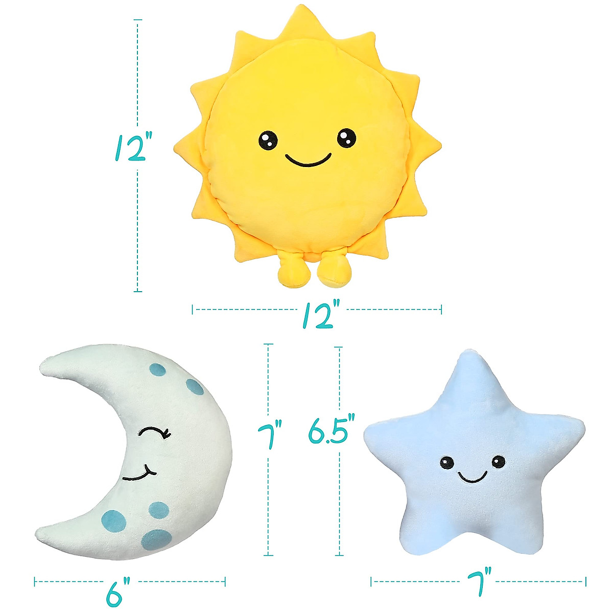 BenBen Sun Plush Toy 12 inch, Set of 3, 7 inch Stuffed Star and Moon, Cute Plushies Gift, Kids Bedroom Decorative Toy, Easter Basket Stuffers, Fun Plush Pillow for Home Décor