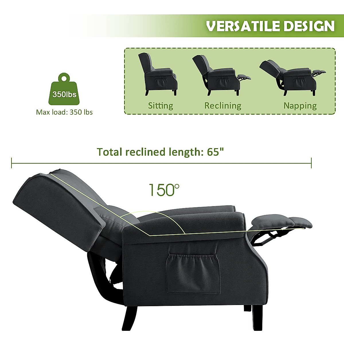 LEISLAND Accent Chair Set of 2 Recliner Wingback Chair with Massage and Heat, Tufted Fabric Arm Chair Sofa for Reading, Living Room and Bedroom (Charcoal)