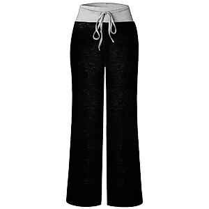 AMiERY Womens Pajamas High Waisted Juniors Sleep Stretch Solid Pants Wide Leg Pants Jogger Palazzo Lounge Pants Black L