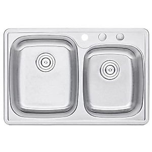CozyBlock 33 x 22 x 9 Inch 60/40 Offset Top-mount/Drop-in Stainless Steel Double Bowl Kitchen Sink with Strainer - 18 Gauge Stainless Steel-3 Faucet Hole