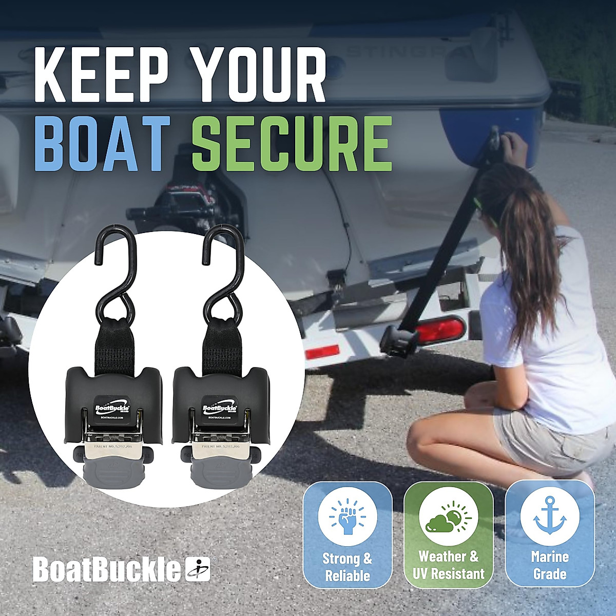 BoatBuckle G2 Stainless Steel Retractable Transom Tie-Down (2 x 43-Inch, Black)