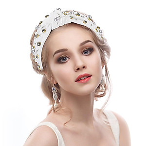 WantGor Pearl Knotted Headband, Women Rhinestone Embellished Hairband Elegant Wide Top Knot Bride Headbands Headpieces Party Fashion Elegant Ladies Hair Band Hair Hoop Accessories (White)