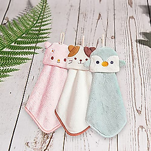 3 Pack Cute Hand Towels, Bathroom Towels with Hanging Loop, Children Hand Towel Animals, Microfiber Coral Fleece Absorbent Hand Towel for Kitchen Bathroom Bedroom (3pcs)