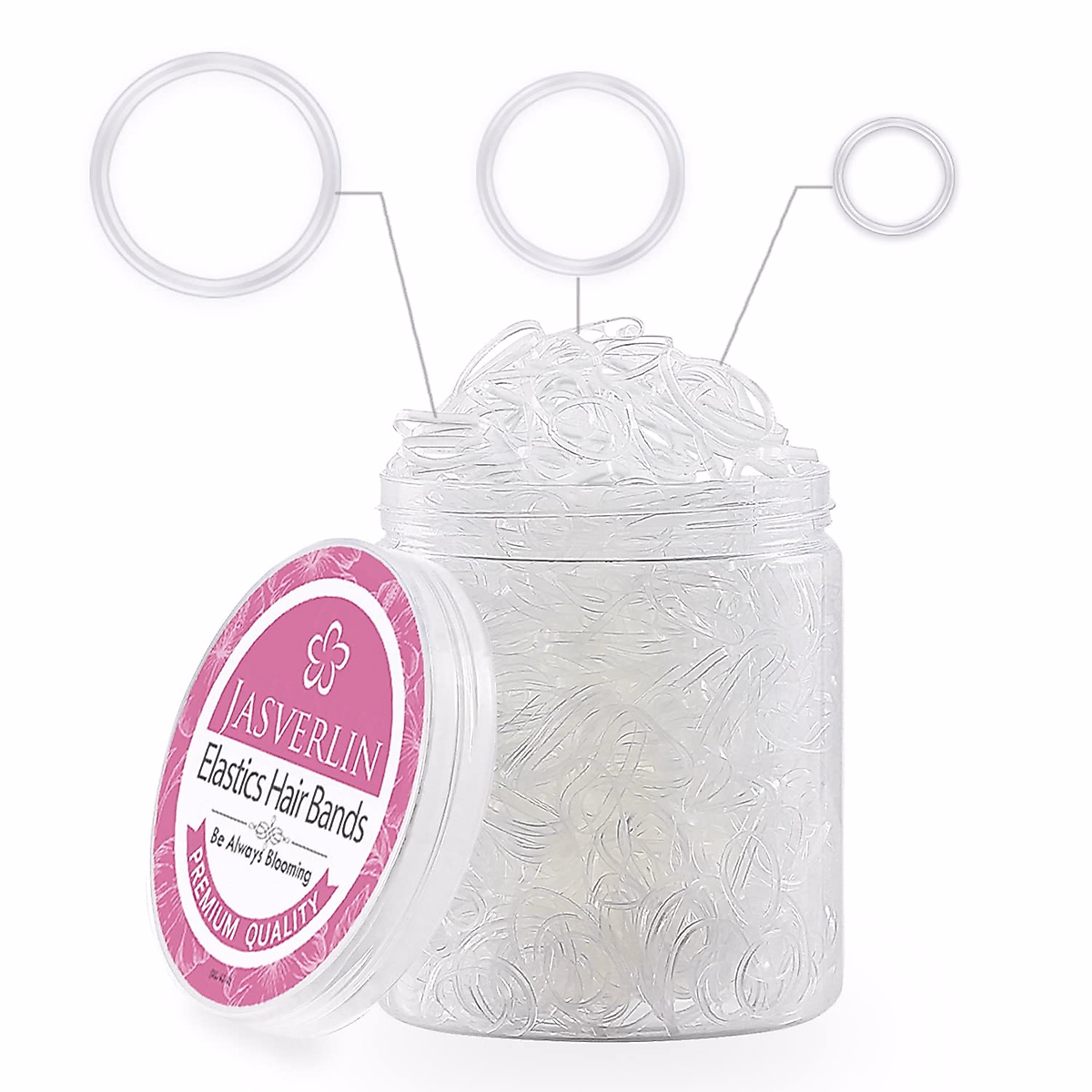 JASVERLIN Clear Hair Elastics Rubber Bands for Hair, Assorted Small Medium Large Variety Size Rubberbands Hair Ties Ponytail Holder Polybands for Toddler Girls Women Baby Mixed 2000pcs