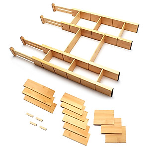 SUEIANNMN 4PCS Expandable Drawer Dividers Set with 12 Inserts Kitchen Drawer Organiser, Bamboo Customisable Cutlery Organiser Desk Drawer Organizer Clothes Drawer Organisation (17-22in)