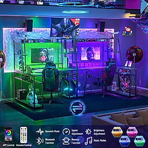 armocity L Shaped Gaming Desk with Hutch & Shelves, 47'' Gaming Computer Desk with LED Lights & Outlets, PC Gaming Desk with Storage & Monitor Stand, Grey Oak