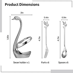 13 Pieces Spoon and Fork Set with Silver Swan Base, Stainless Steel 4.7-inch Coffee Spoons Forks with Silver Small Swan Base Holder Set, Dessert Tea Spoon Set
