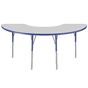 Factory Direct Partners 10077-GYBL Half Moon Activity School and Office Table (36" x 72"), Standard Legs with Swivel Glides, Adjustable Height 19-30" - Gray Top and Blue Edge