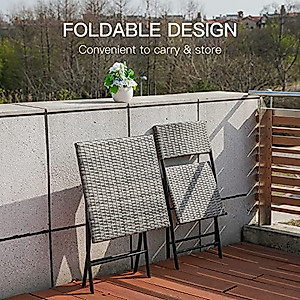 NURTUDIS 3pcs Folding Patio Bistro Set,Outdoor Rattan Bistro Table and Chairs,Wicker Outdoor Chair Furniture Set with 1 Table & 2 Chairs,No Assembly for Garden,Porch,Balcony,Courtyard,Lawn (Grey)