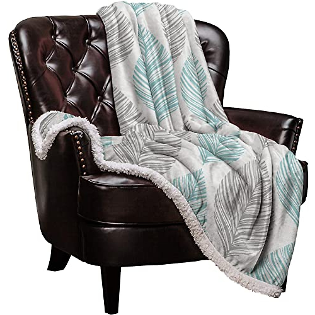Gredice Sherpa Blankets Fleece Throw Blanket Reversible Soft Cozy Bed Blankets Abstract Seamless Plants Leaves,Flannel Sofa Throws,Grey and Teal Stripes on White Fuzzy Warm Blankets for Couch,40x50in