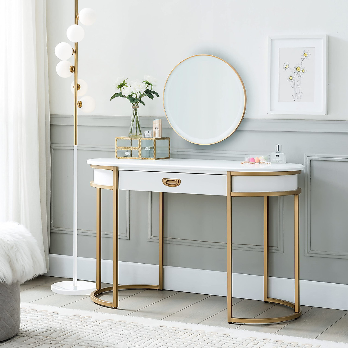 Leick Home 85405 Oval Metal Leg Desk with Drop Front Keyboard Drawer, Cottage White/Gold