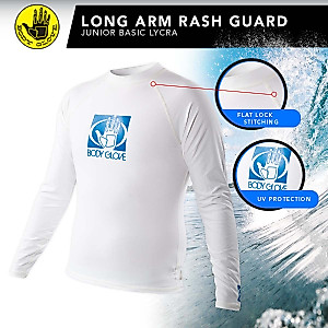Body Glove Wetsuit Junior Basic Fitted Long Arm Rash Guard, White, 10