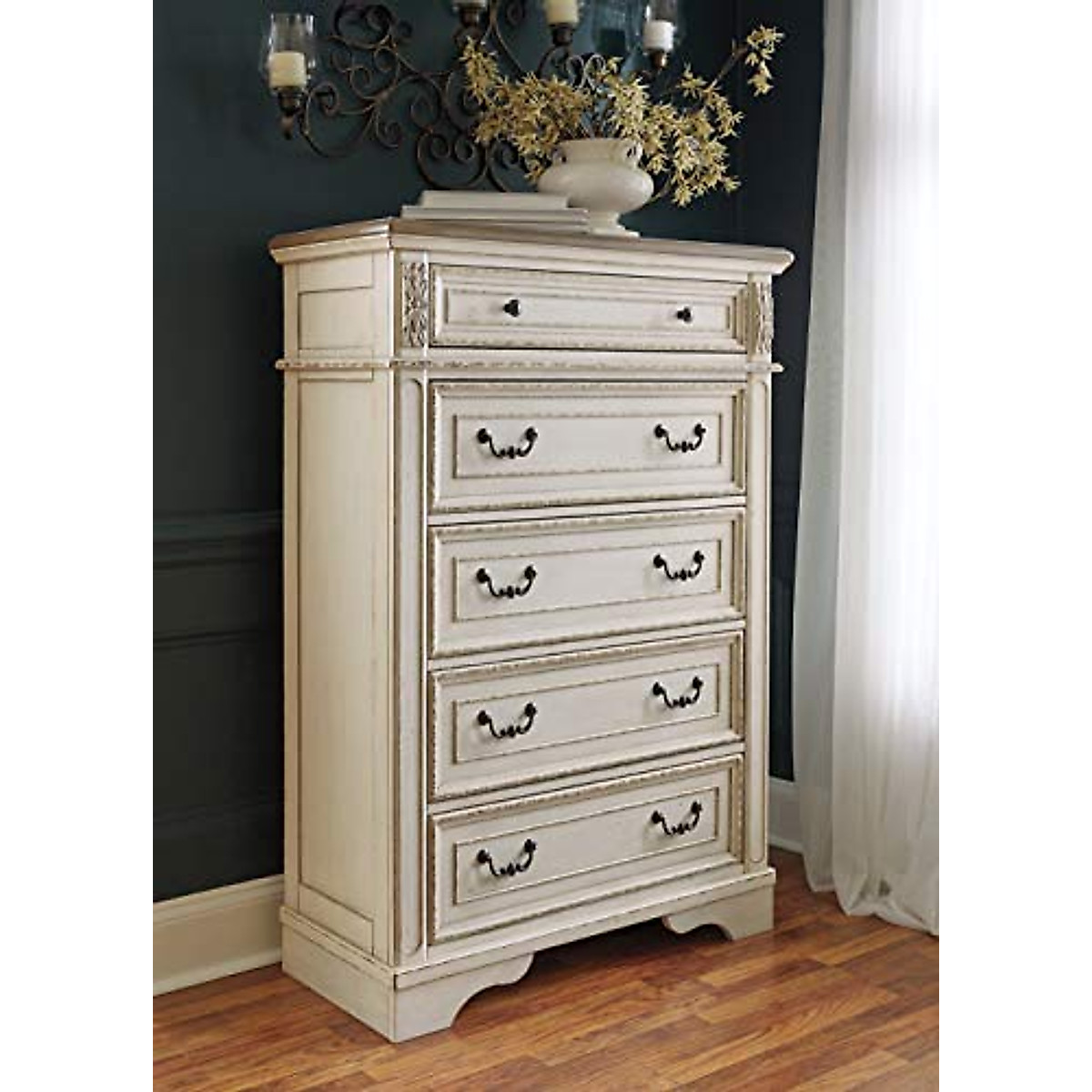 Signature Design by Ashley Realyn French Country Two Tone 5 Drawer Chest of Drawers, Chipped White