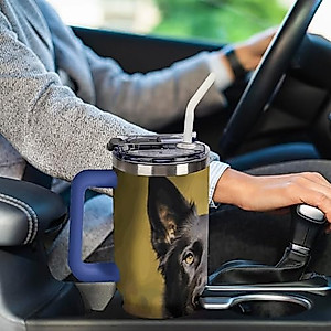 40 Oz Vacuum Tumbler with Deep Blue Handle Leakproof Insulated Tumbler Black German Shepherd Dog Stainless Steel Travel Mug with Lid And Straw Coffee Cup Cute Water Bottles Cup Holder Friendly