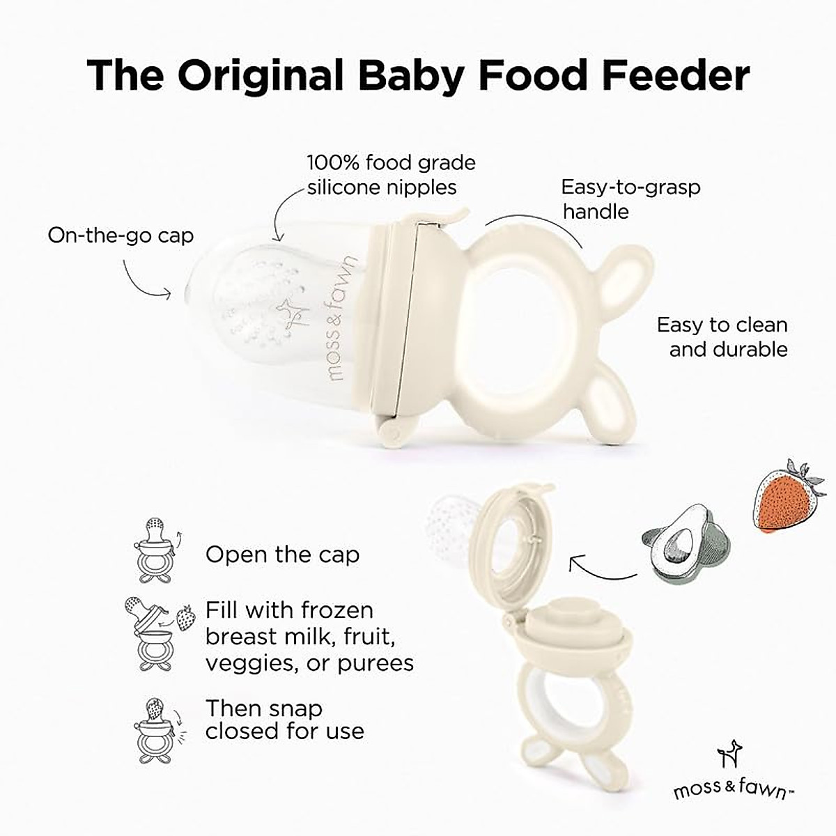 Moss and Fawn Baby’s First Bites Starter Kit – Ice Cube Tray, Forage Feeder, Freezer Mold & Pacifier Feeder – Milestone Magnet for Food Tracking & Feeding Tips – Baby Food Prep Essentials - Ecru