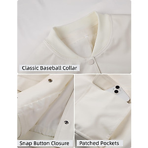 Springrain Womens Cropped Bomber Jacket Casual Varsity Jacket with Pockets Long Sleeve Outwear(Beige-S)