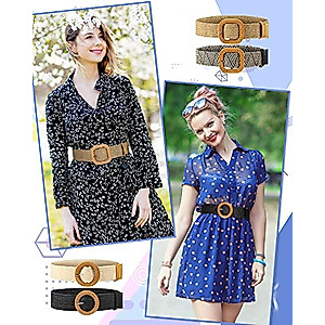 4 Pack Straw Woven Belt Elastic Stretch Rattan Waist Belt Women Skinny Raffia Dress Belt Wooden Buckle Waist Dress Band (Retro Color, Medium)