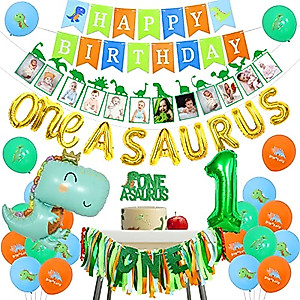 Sursurprise One a Saurus Birthday Decorations, Dinosaur 1st Happy Birthday Party Supplies with Balloons Highchair Banner and Baby Photo Banner, T-Rex Roar Party Decor for Boy One Year Old