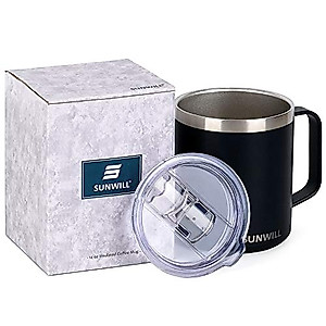 SUNWILL Coffee Mug with Handle, 14oz Insulated Stainless Steel Reusable Coffee Cup, Double Wall Coffee Travel Mug, Powder Coated Black