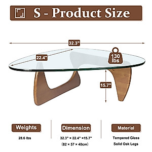 Mid-Century Modern Coffee Table - Triangle Glass Top Natural Wood Base Triangle Coffee Table for Living Room Patio Office Abstract End Tables (Walnut/Brown, Small 32.2 * 22.4 * 16in)