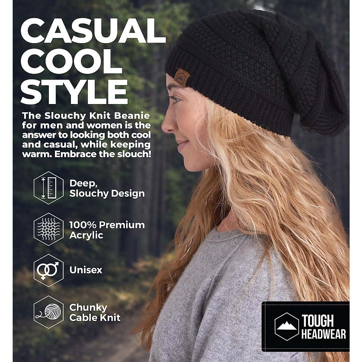 Slouchy Cable Knit Beanie by Tough Headwear - Chunky, Oversized Slouch Beanie Hats for Men & Women - Stay Warm & Stylish - Serious Beanies for Serious Style Black OSFA