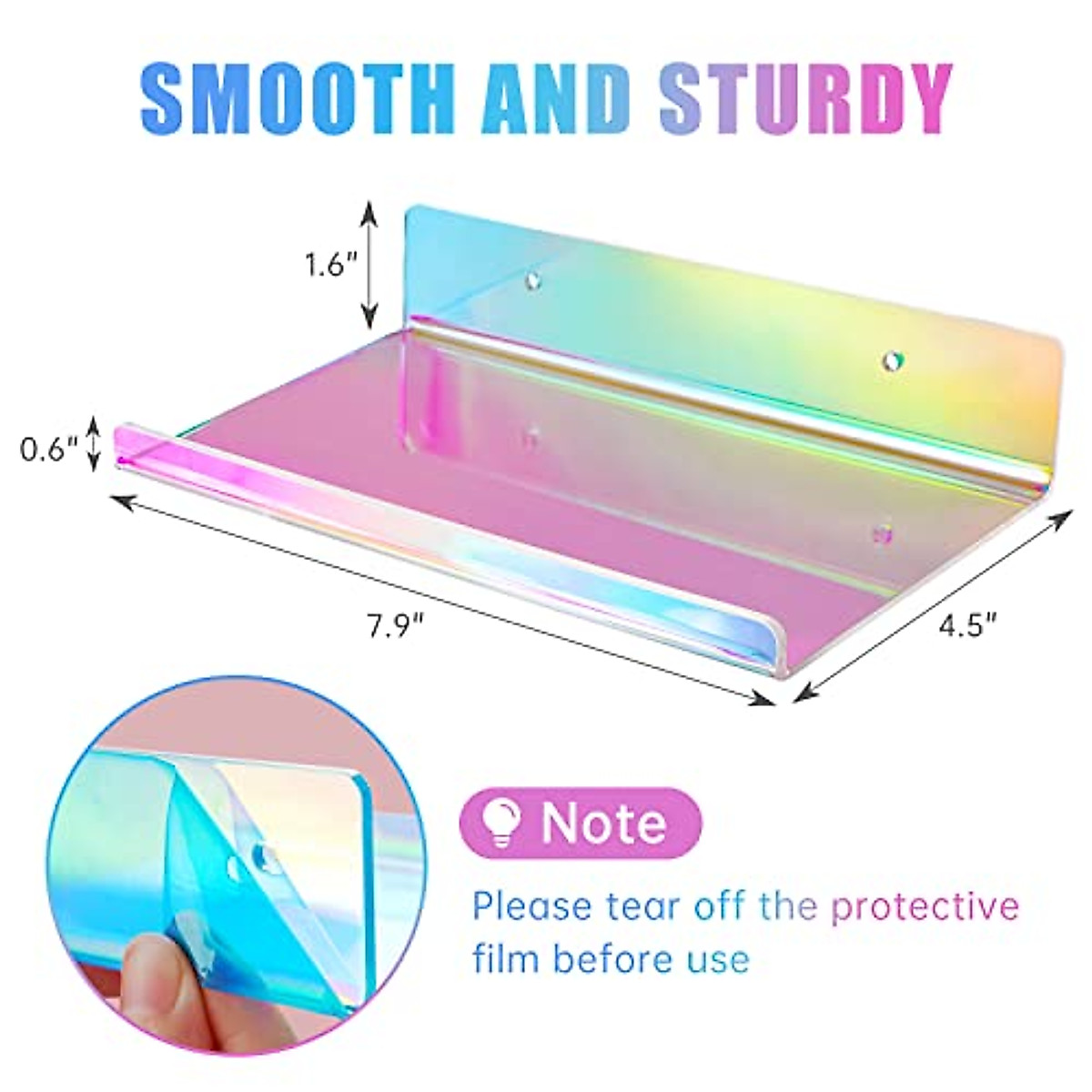 NiHome 2-Pack Medium Iridescent Acrylic Floating Shelves with Edge, 7.9"x4.5" Rainbow Ledge Shelf Adhesive & Screw Wall Mounting Phone Holder Shelf for Home Décor, Bathroom, Kitchen and Office