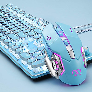 Gaming Keyboard and Mouse,Retro Steampunk Vintage Typewriter-Style Mechanical Keyboard with White LED Backlit,104-Key Anti-Ghosting Blue Switch Wired USB Metal Panel Round Keycaps(Blue)