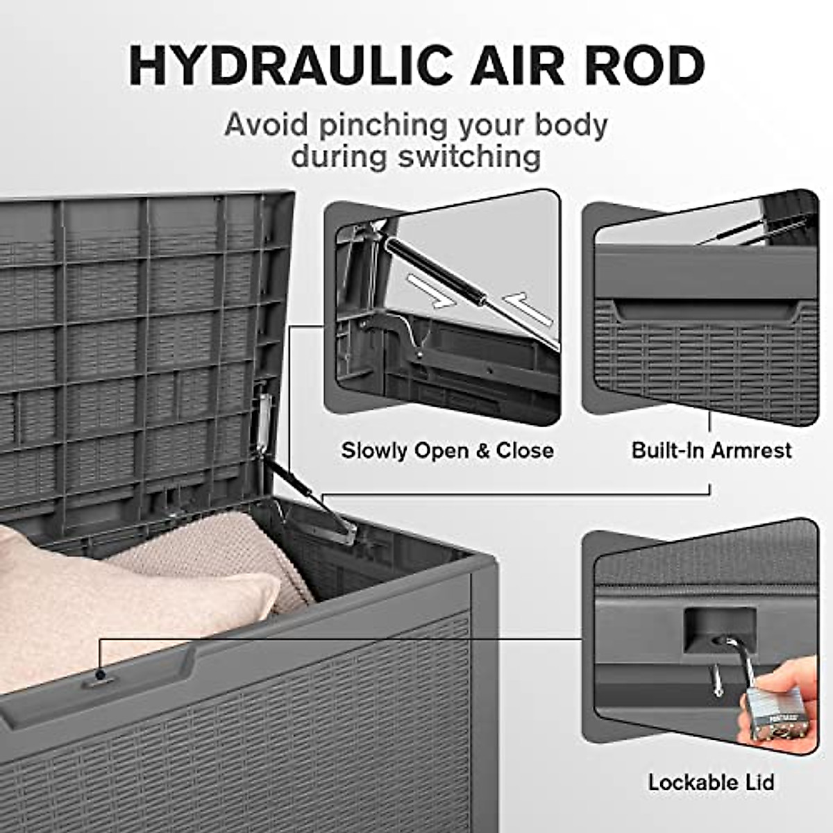 JUMMICO 100 Gallon Large Resin Deck Box Waterproof Outdoor Indoor Storage Box Imitation Rattan Storage Lockable Container for Garden Pool Cushions Patio Furniture (Gray)