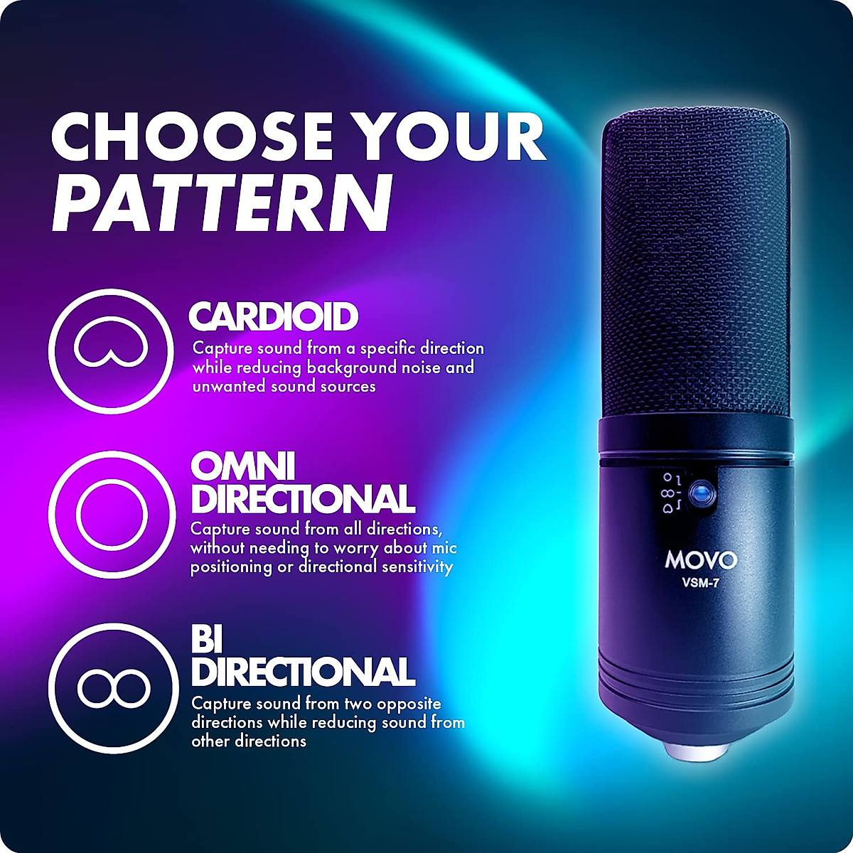 Movo VSM-7 Large Diaphragm, Multi-Pattern Studio Condenser Microphone with Shock Mount, Pop Filter, and XLR Cable - Studio Microphone for Music, Vocals, Podcasting, Gaming, Streaming and More