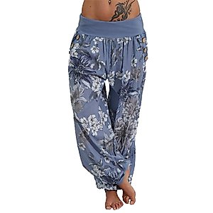 Andongnywell Women Print Wide Harem Pants Hippie Boho Loose Pocket Button Harem Pants High Waist Baggy Beach Pants (Blue,Small)