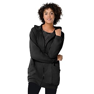 Woman Within Plus Size Zip Front Hoodie Jacket Long Oversized Fleece Jacket - 3X, Black