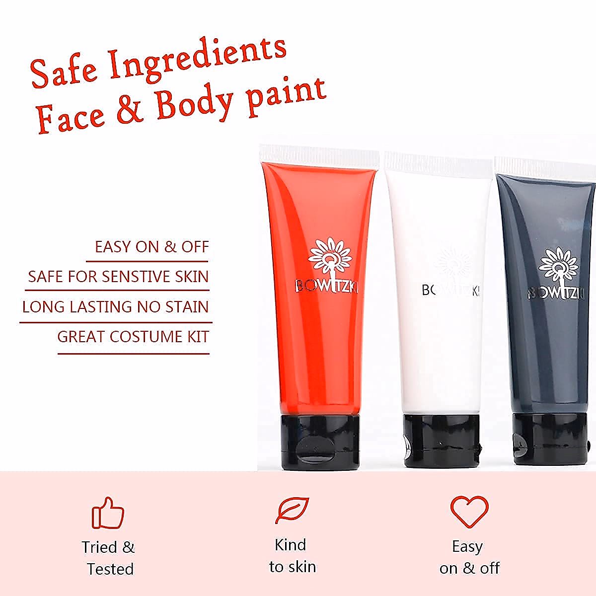 Bowitzki Cream Face Paint Halloween Makeup Kit Water Based Liquid Latex Fake Blood Brush Sponges Body Painting Special Effects SFX Zombie Vampire Monster Christmas Party red black white(Halloween Kit)