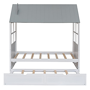 BIADNBZ Twin Size House Bed with Trundle,Wooden Playhouse Platform BedFrame with Roof and Window Design for Kids Teens Boys Girls Bedroom,No Box Spring Needed,White+Gray