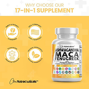 Clean Nutraceuticals Ashwagandha Maca Root Fenugreek Supplement with Tongkat Ali Ginseng - Assists with Stress, Mood & Thyroid - Ashwagandha Capsules Fenugreek Caps - 1 Pack