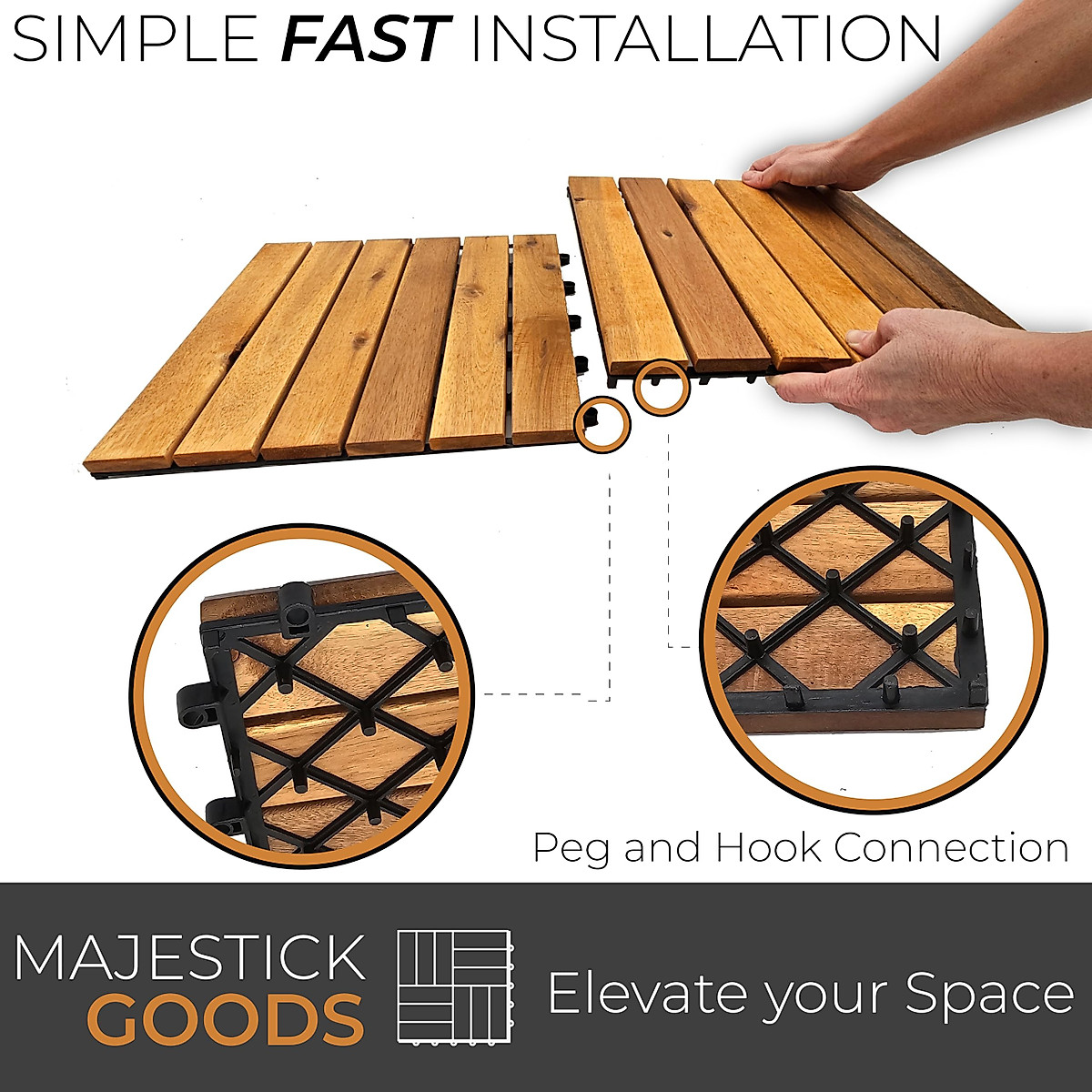 Interlocking Deck Tiles Snap Together Wood Flooring - 12 x 12 Acacia Hardwood Outdoor Flooring for Patio - Click Floor Decking Tile, Water Resistant Balcony Flooring, Wooden Parquet Flooring 8 Sq Ft