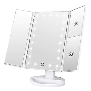 WEILY Tabletop Mount Makeup Mirror with 21 LED Lights,Two Power Supply, Touch Screen and 1x/2x/3x Magnification Tri-Fold Vanity Mirror, Gift for Women(White)