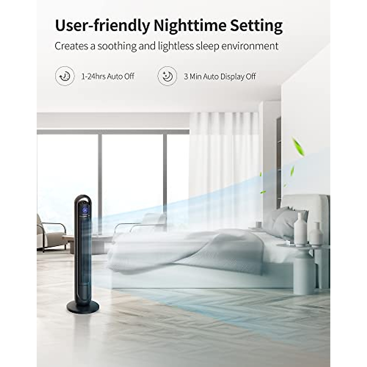 Tower Fan for Bedroom- 45" Oscillating Tower Fan with Remote, Bladeless Fans with 24H Timer, Cooling Fan, 3 Speeds, 3 Modes, LED Display, Standing Floor Fan for Bedroom Living Rooms Home Office, Black
