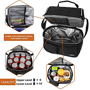 opux Insulated Dual Compartment Lunch Bag for Men, Women | Double Deck Reusable Lunch Pail Cooler Bag, Soft Leakproof Liner | Large Lunch Box Tote for Work, School (Black)