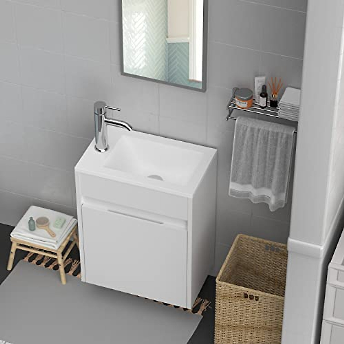 eclife 16" Bathroom Vanity Sink Combo for Small Space, Modern Pianted Wall Mounted Cabinet Set w/White Resin Basin Sink Top, Chrome Faucet & Pop Up U Shape Drain (B10W)