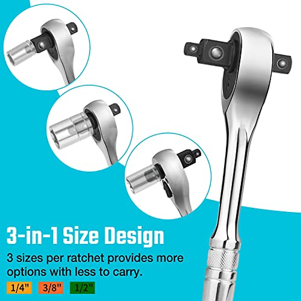 DURATECH 3-IN-1 Ratchet Handle, 1/4", 3/8", 1/2" Drive Ratchet Wrench, 72-Tooth, Reversible Switch, Full-Polished Chrome Plating, Alloy Steel