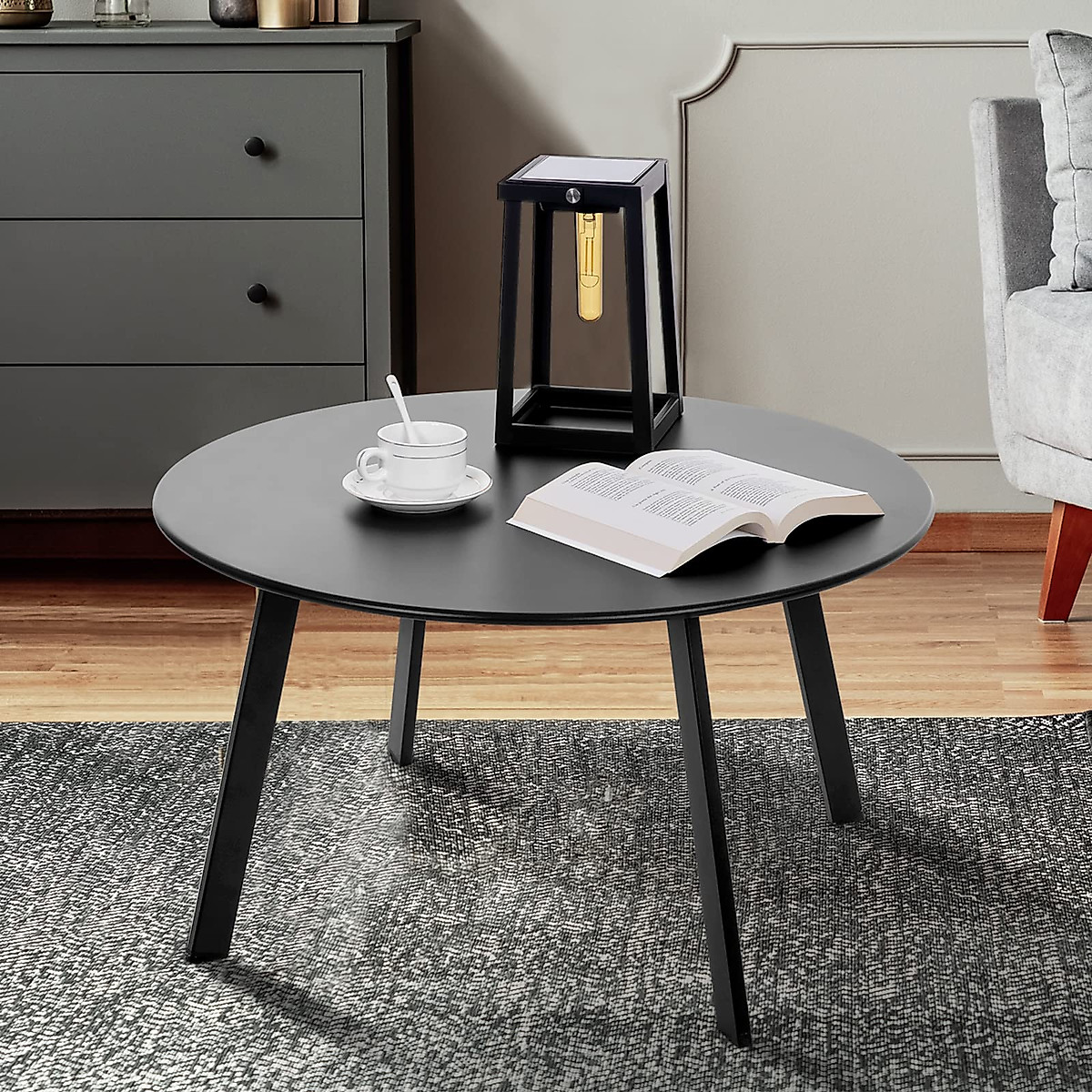 juserox Patio Coffee Table - Metal Steel Outdoor Round Table Weather Resistant Anti-Rust Outdoor Table (Black)